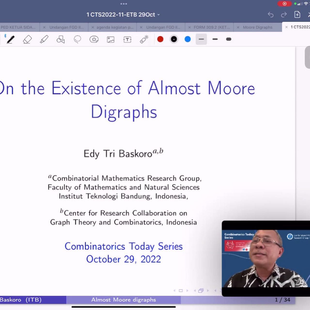 Profesor Edy Tri Baskoro memberikan kuliah pada Combinatorics Today ...